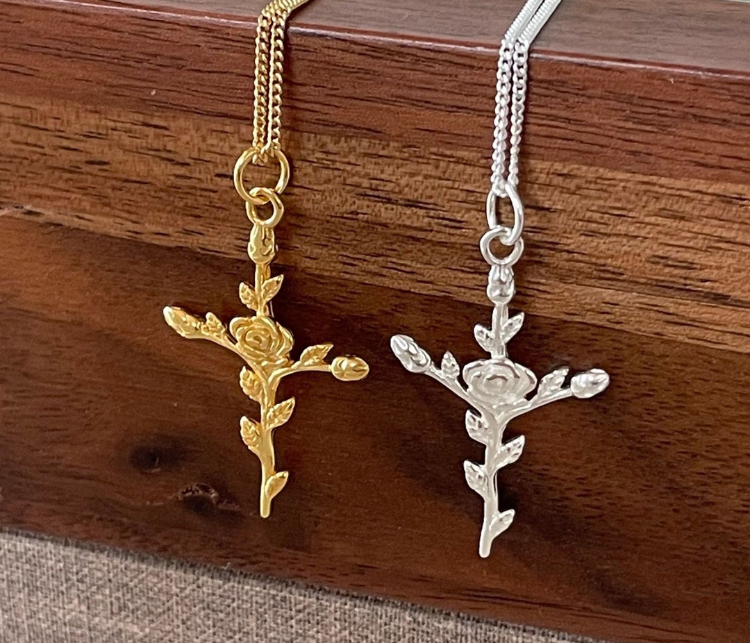 Gold Plated Sterling Silver Rose Cross Necklace - Etsy UK