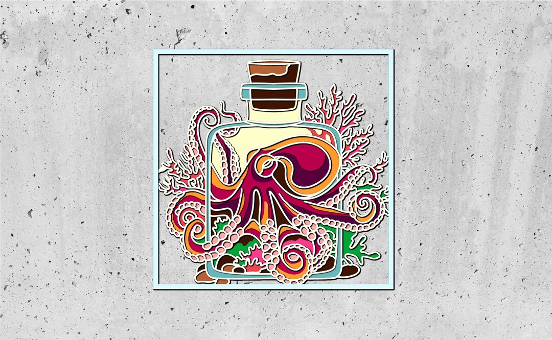 3D SVG Octopus in Bottle With Coral Reef Shadow Box,coral Reef 3d Svg ...