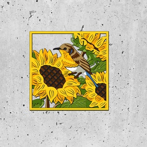 3D Layered Goldfinch With Sunflowers Shadow Box SVG,3D Sunflower ...