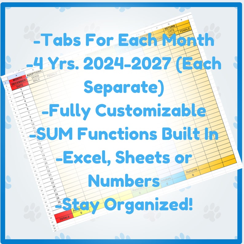 4 Years Spreadsheet For: Animal Rescue, Animal Shelter, Rescue ...