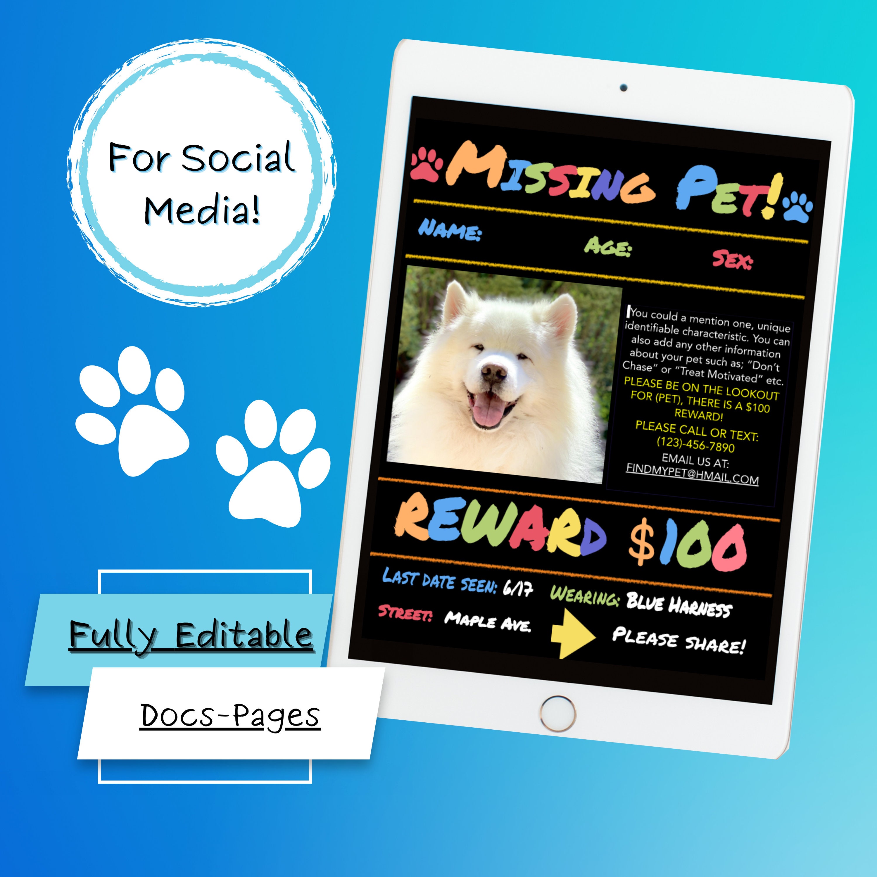 Missing Pet Flyer Template | Missing Pet Poster | Missing Pet Apple ...