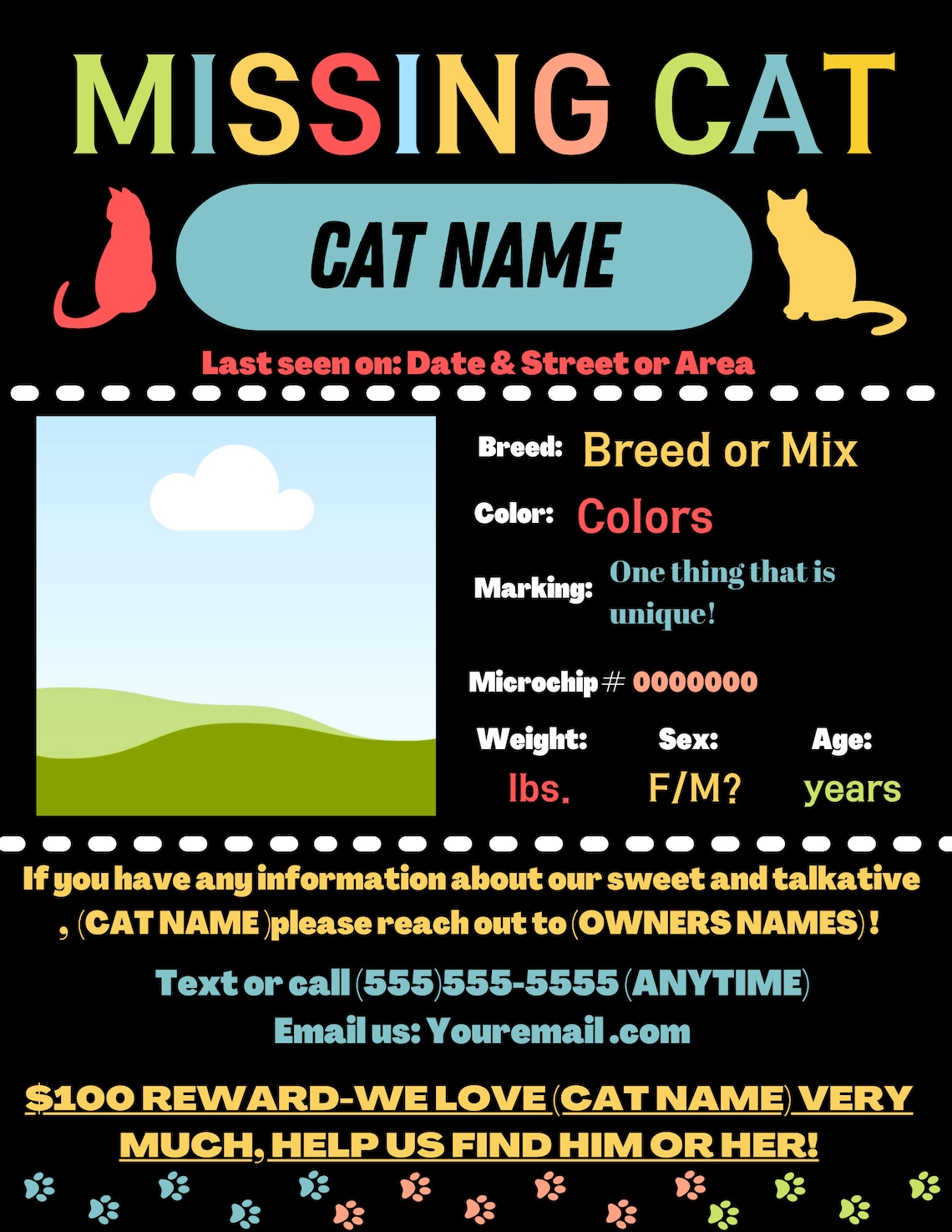Missing Cat Flyer, Canva Missing Pet Template, Digital Downloads ...