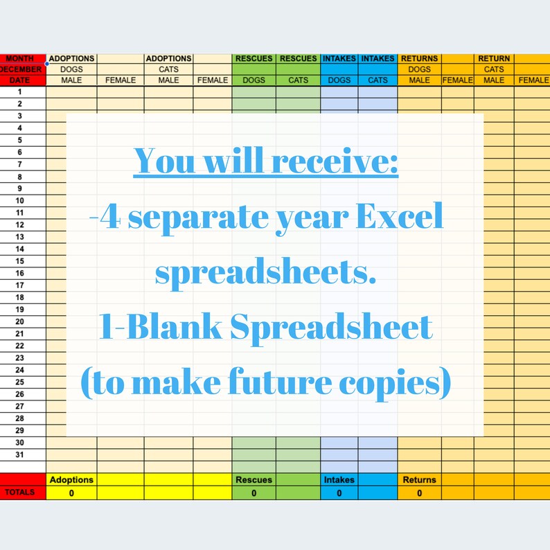 Animal Rescue Spreadsheet: Adoption, Return, Intake Tracker (excel, 2024-2027) - Etsy