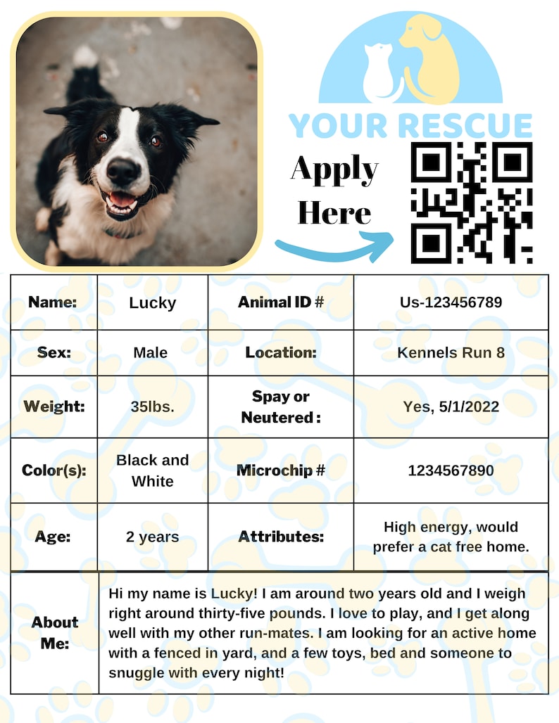 Animal Rescue Kennel Card Template, Cat & Dog Cage Card (digital ...