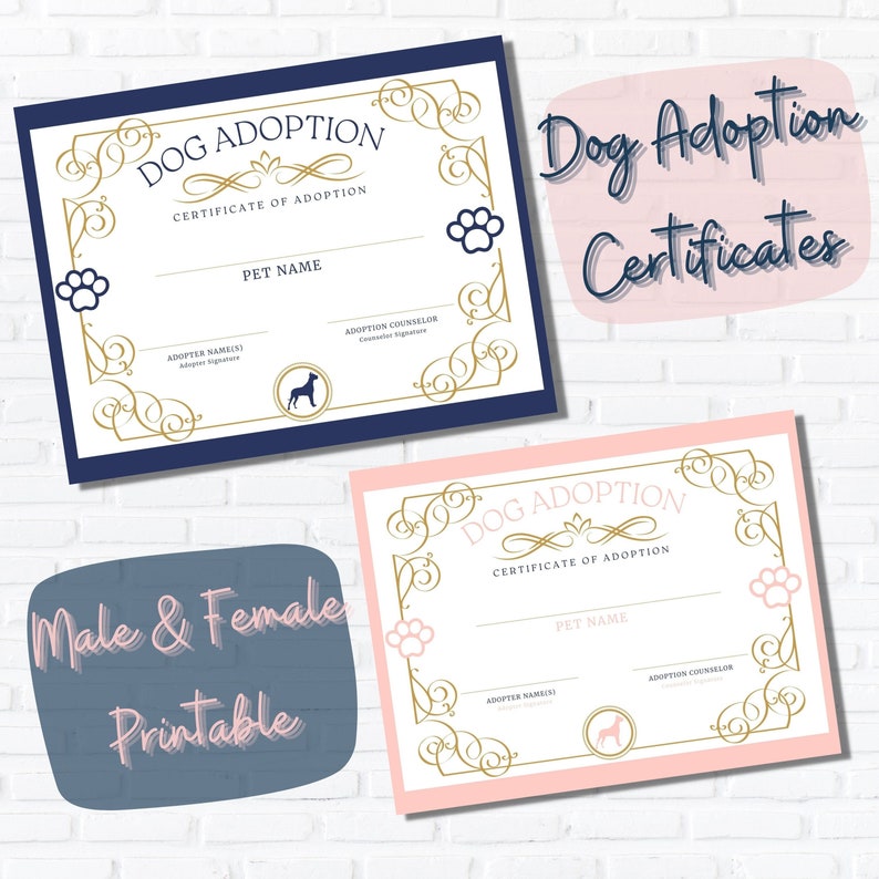 DIGITAL Printable Adoption Certificate, Dog Adoption Certificate ...