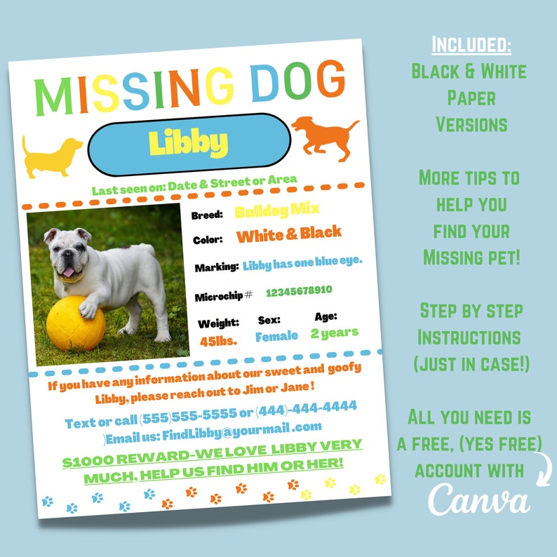 Printable Missing Dog Flyer Template, Editable Pet Poster (digital ...
