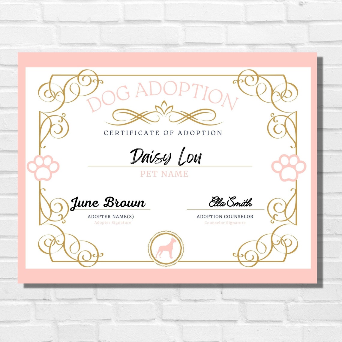DIGITAL Printable Adoption Certificate, Dog Adoption Certificate ...