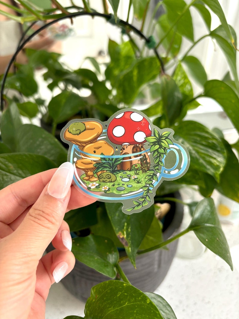 Cottage Core Plant Frog Mushroom House Clear Vinyl Sticker| Transparent ...