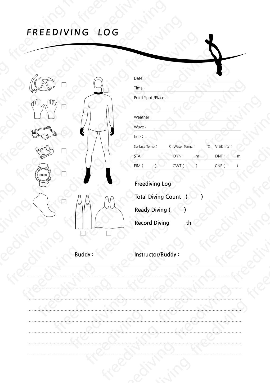 Freediving Log Book Page for Diary A4 Size Printable, Jpg Img, Can Be ...