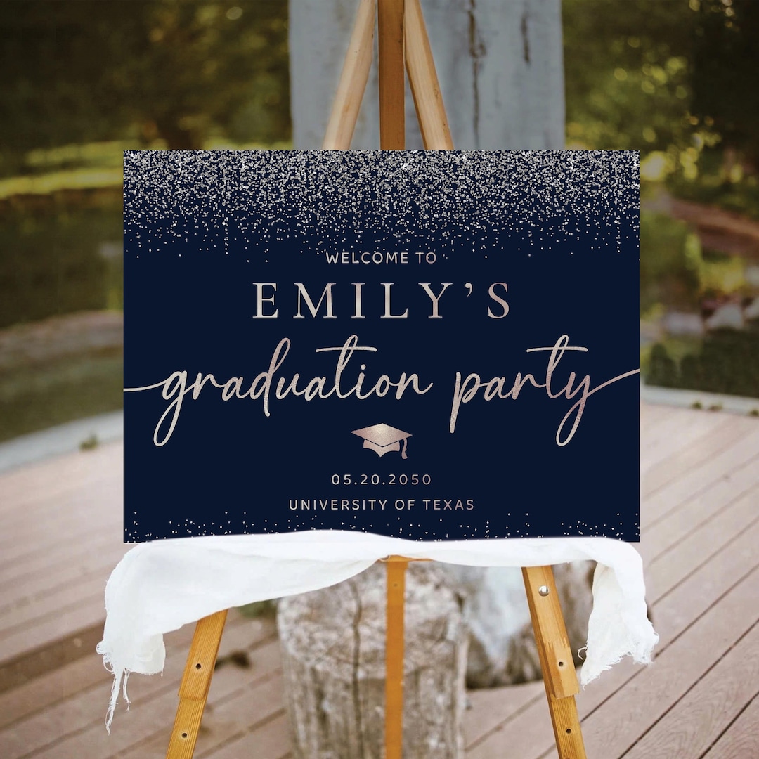 Navy Blue Graduation Party Welcome Sign: Silver Glitter, Modern ...