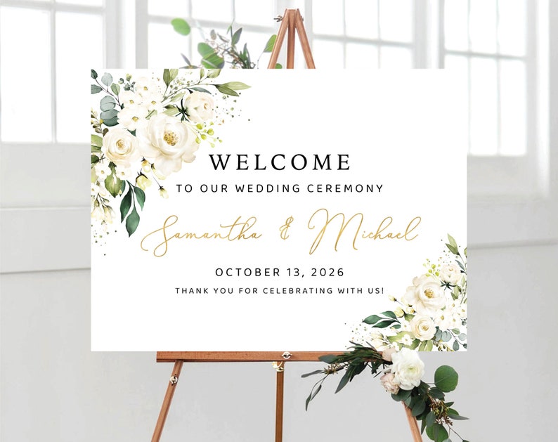 White Roses Wedding Welcome Sign Greenery Wedding Ceremony - Etsy
