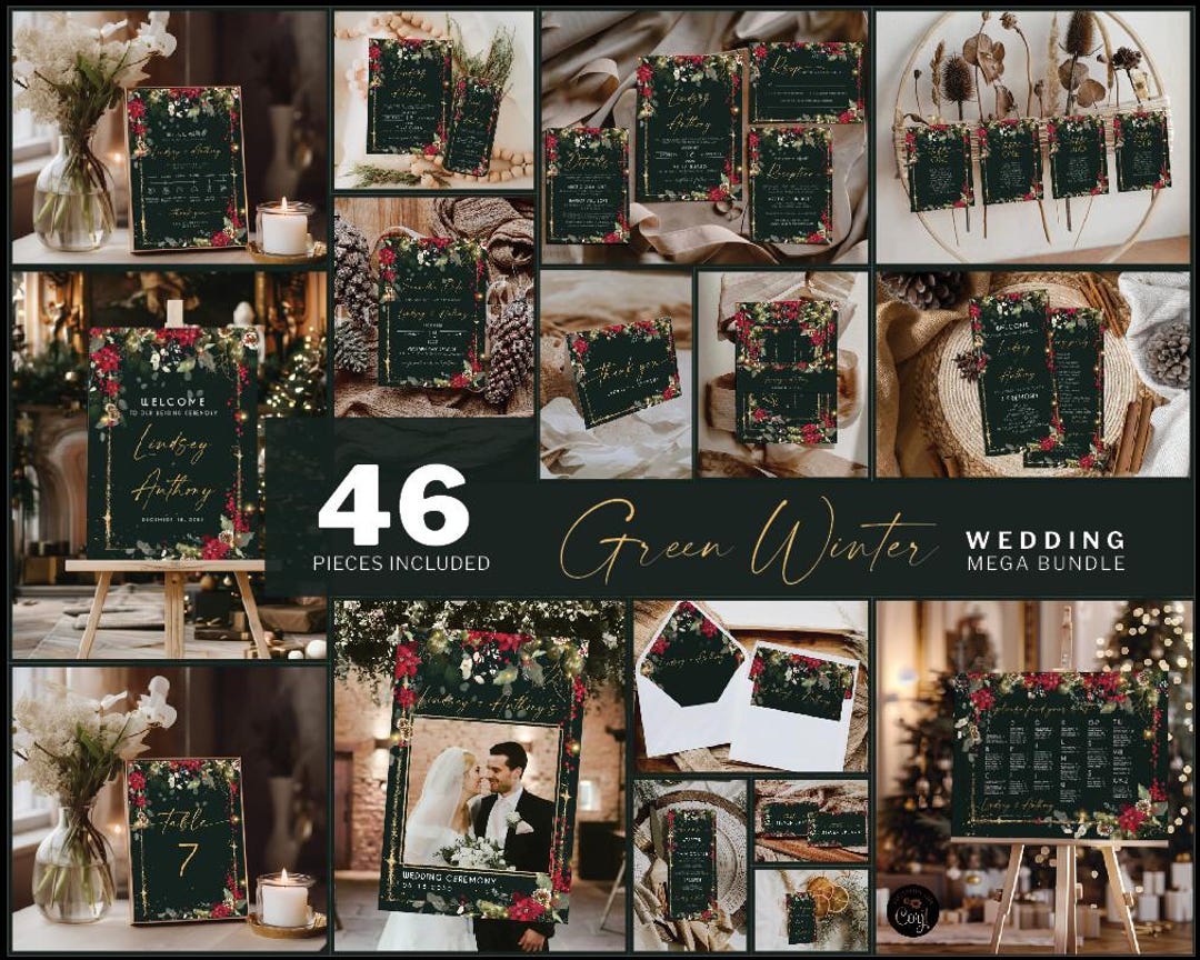 Christmas Wedding Invitation Bundle, Red Poinsettia & Lights, Editable ...