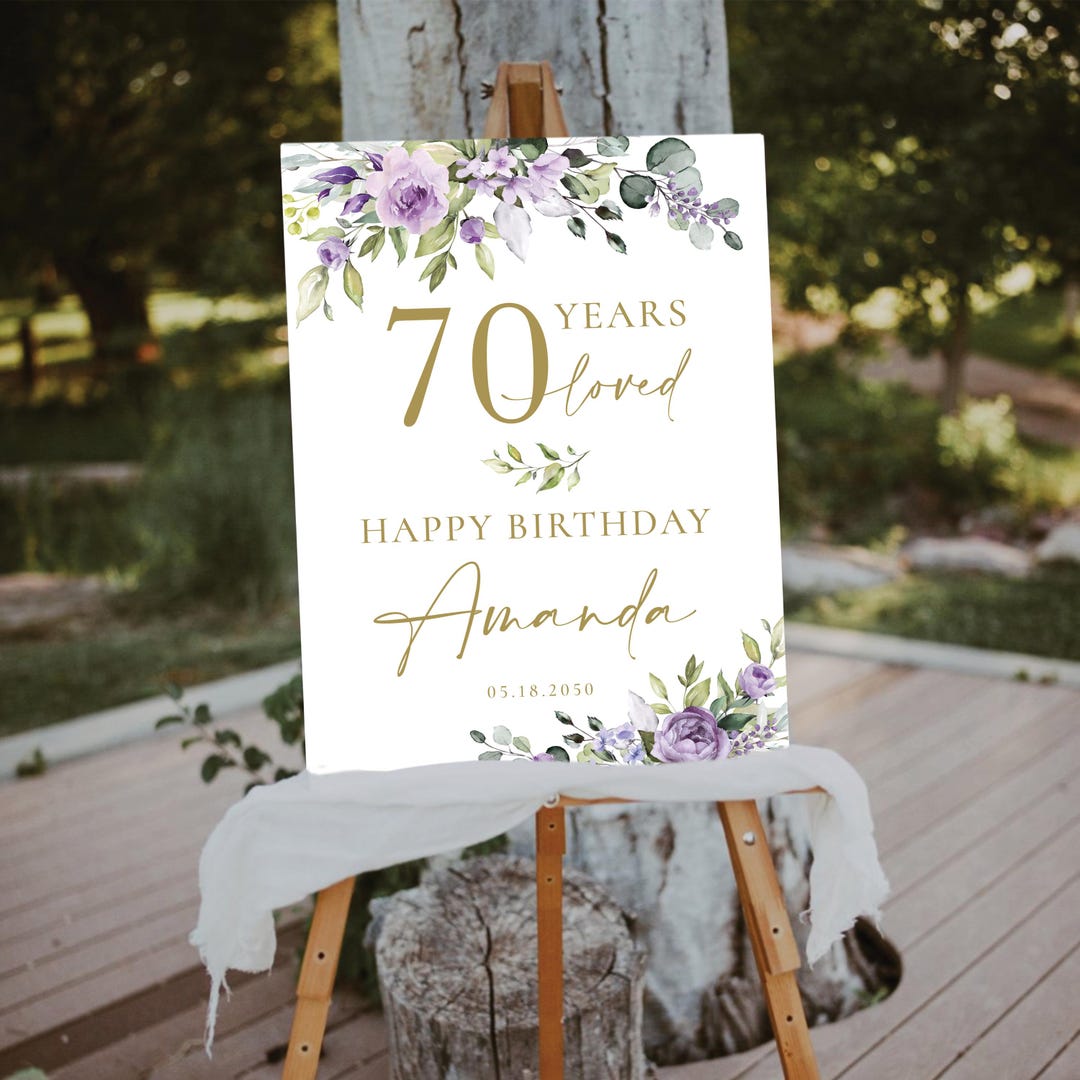 Purple Floral 70th Birthday Welcome Sign, Eucalyptus Party Decor ...