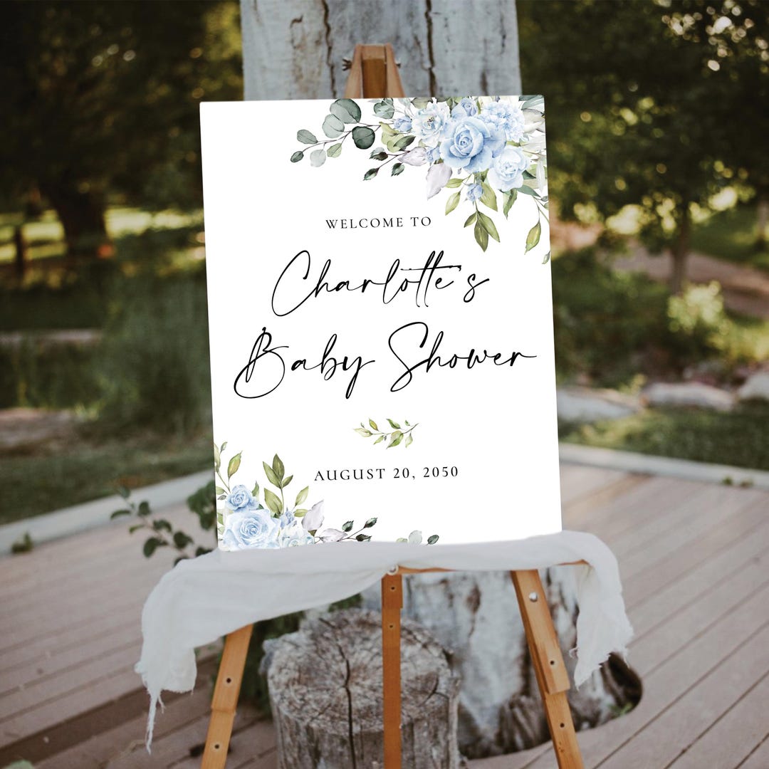 Dusty Blue Baby Shower Welcome Sign, Botanicals Baby Shower Decoration ...