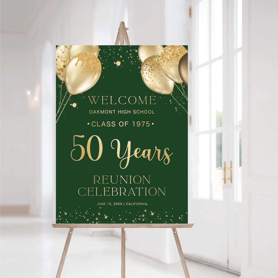 Modern Class Reunion Welcome Sign: Faux Gold Balloons & Confetti ...