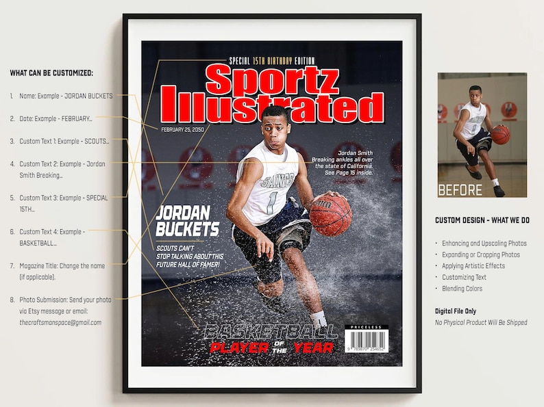 Custom Sports Magazine Cover, Basketball Player Gift, Portrait (digital ...