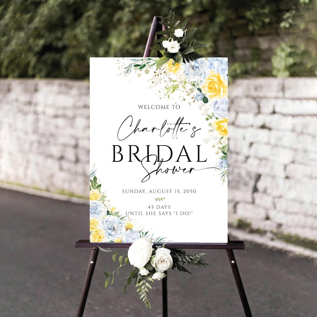 Floral Bridal Shower Welcome Sign: Pale Blue and Yellow Flowers ...