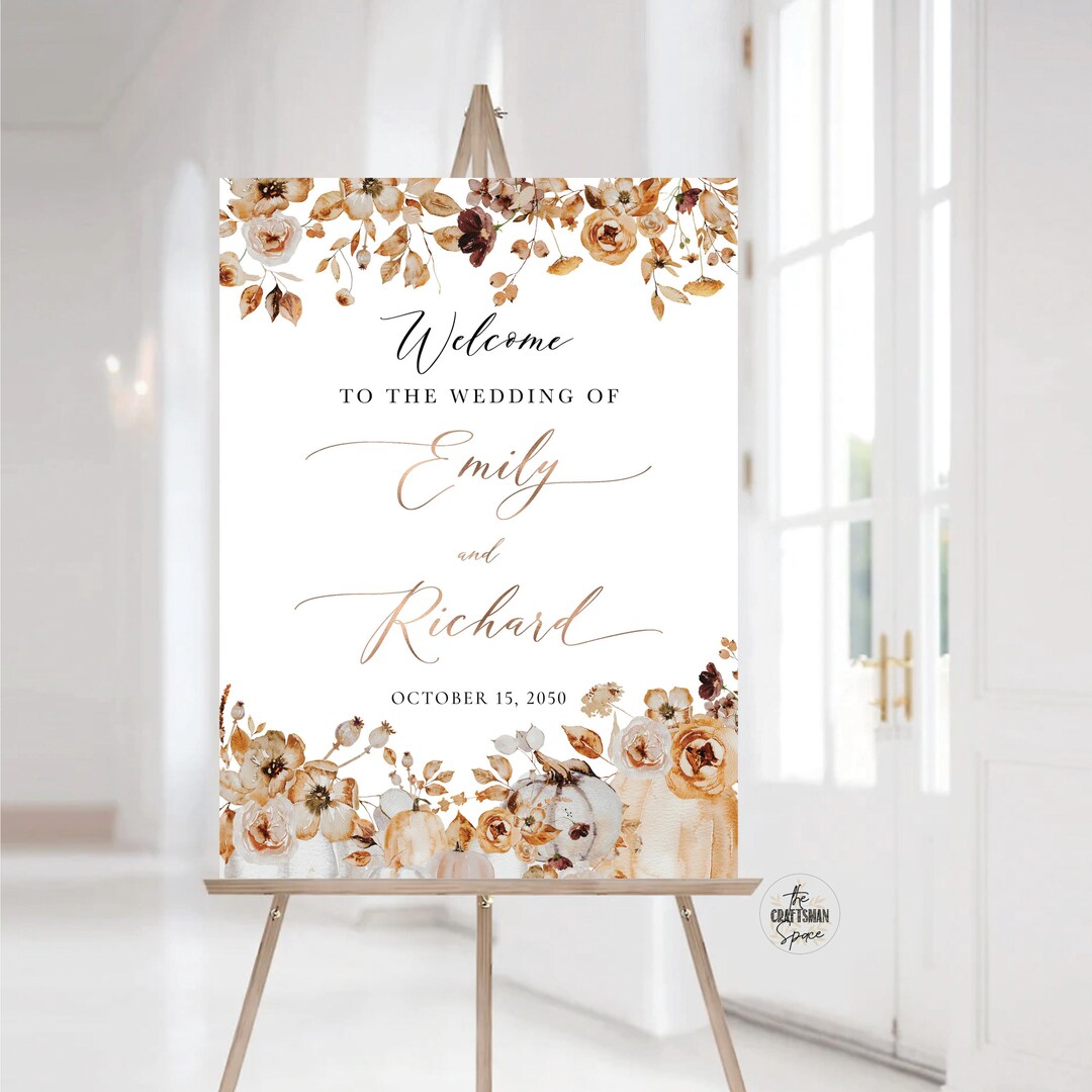 Fall Leaves Wedding Welcome Sign: Autumn Floral and Pumpkin Decor ...