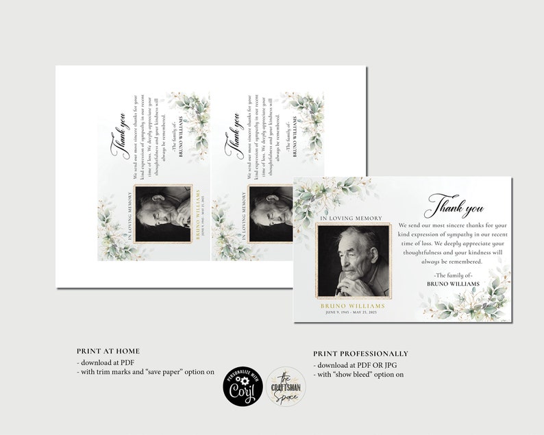 Greenery Funeral Thank You Card Template: Editable Eucalyptus (digital ...