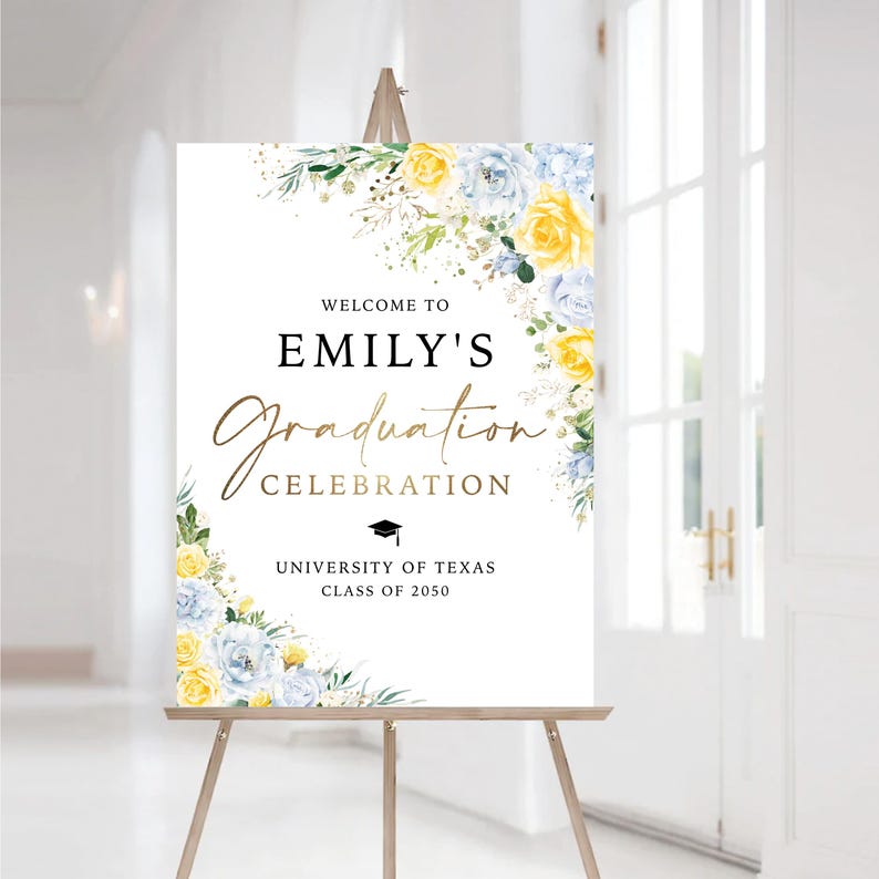 Floral Graduation Party Welcome Sign: Blue, Yellow, Greenery (digital ...
