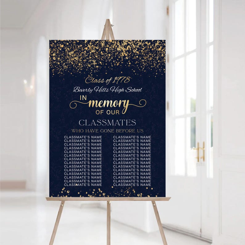 Modern Memorial Reunion Sign: in Memory of Classmates, Gold Confetti on ...