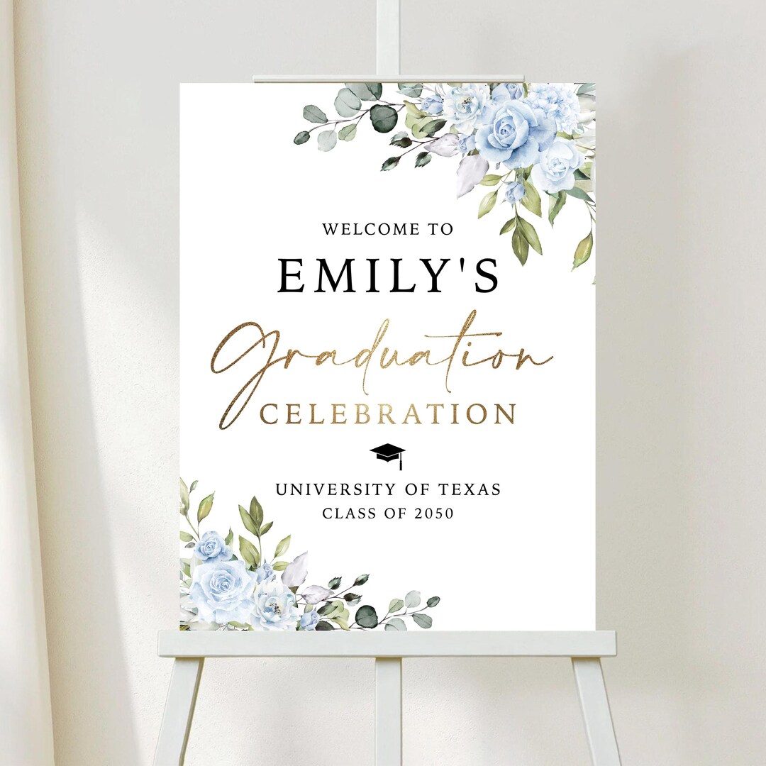 Dusty Blue Florals Graduation With Photo Welcome Sign, Photo Graduation ...