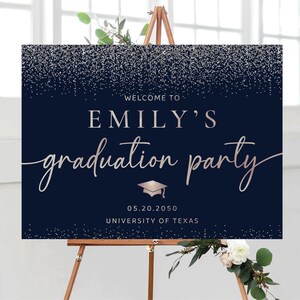 Navy Blue Graduation Party Welcome Sign: Silver Glitter, Modern ...