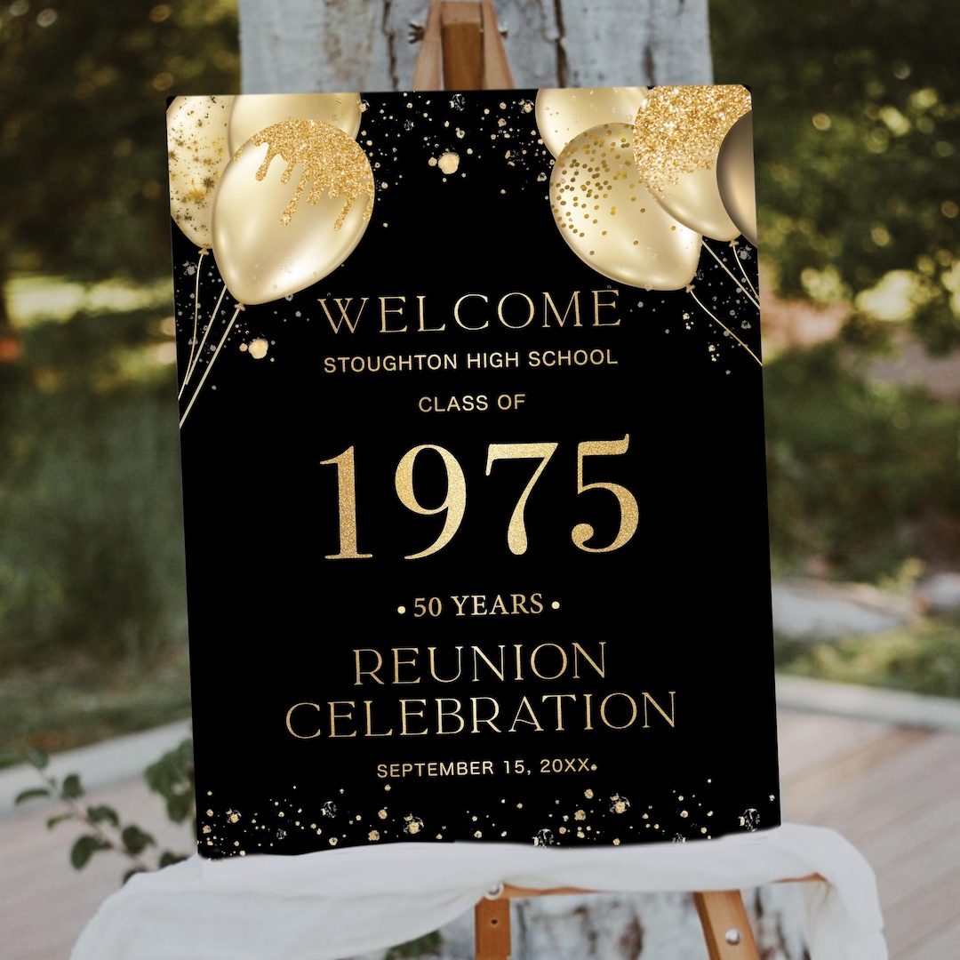 Black and Gold Class Reunion Welcome Sign, Balloons and Confetti ...