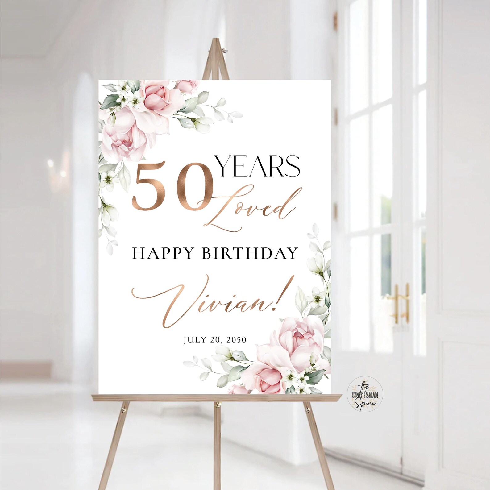 Floral 50th Birthday Welcome Sign: Blush Pink Flowers, Botanical Design ...
