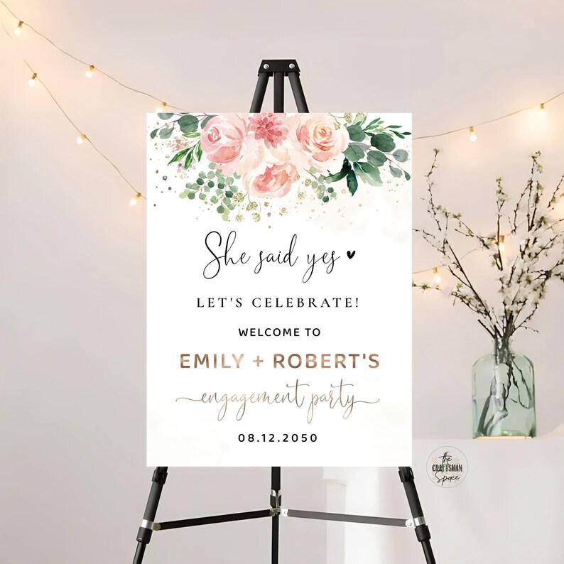 Blush Pink Floral Engagement Welcome Sign: Botanical Party Decor ...