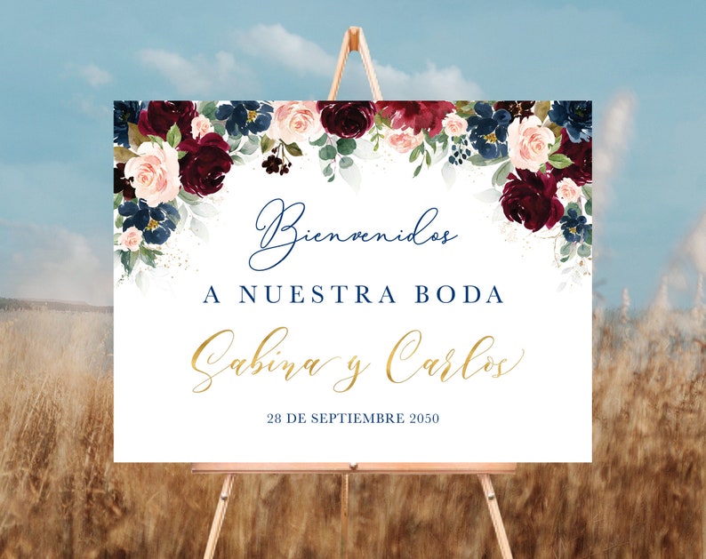 Burgundy Navy Floral Bienvenidos Wedding Sign, Blush Pink Flowers ...