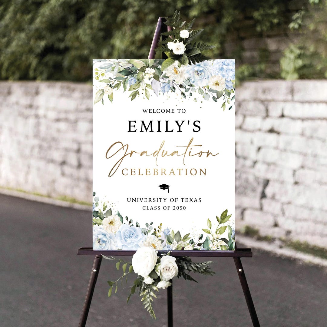 Floral Graduation Party Welcome Sign, Light Blue, White Flowers and ...