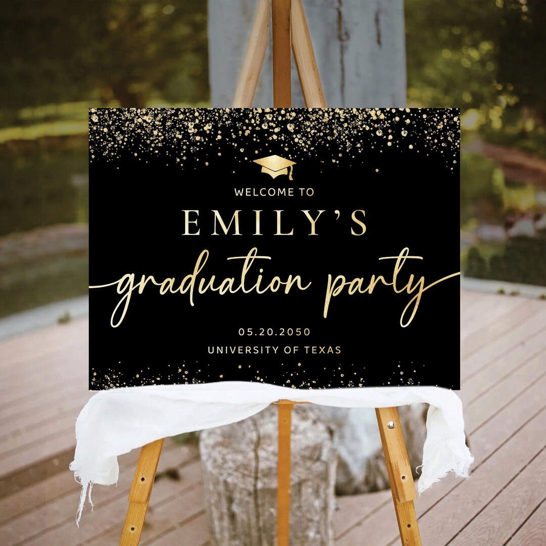 Black Golden Graduation Party Welcome Sign, Gold Glitter Graduation ...