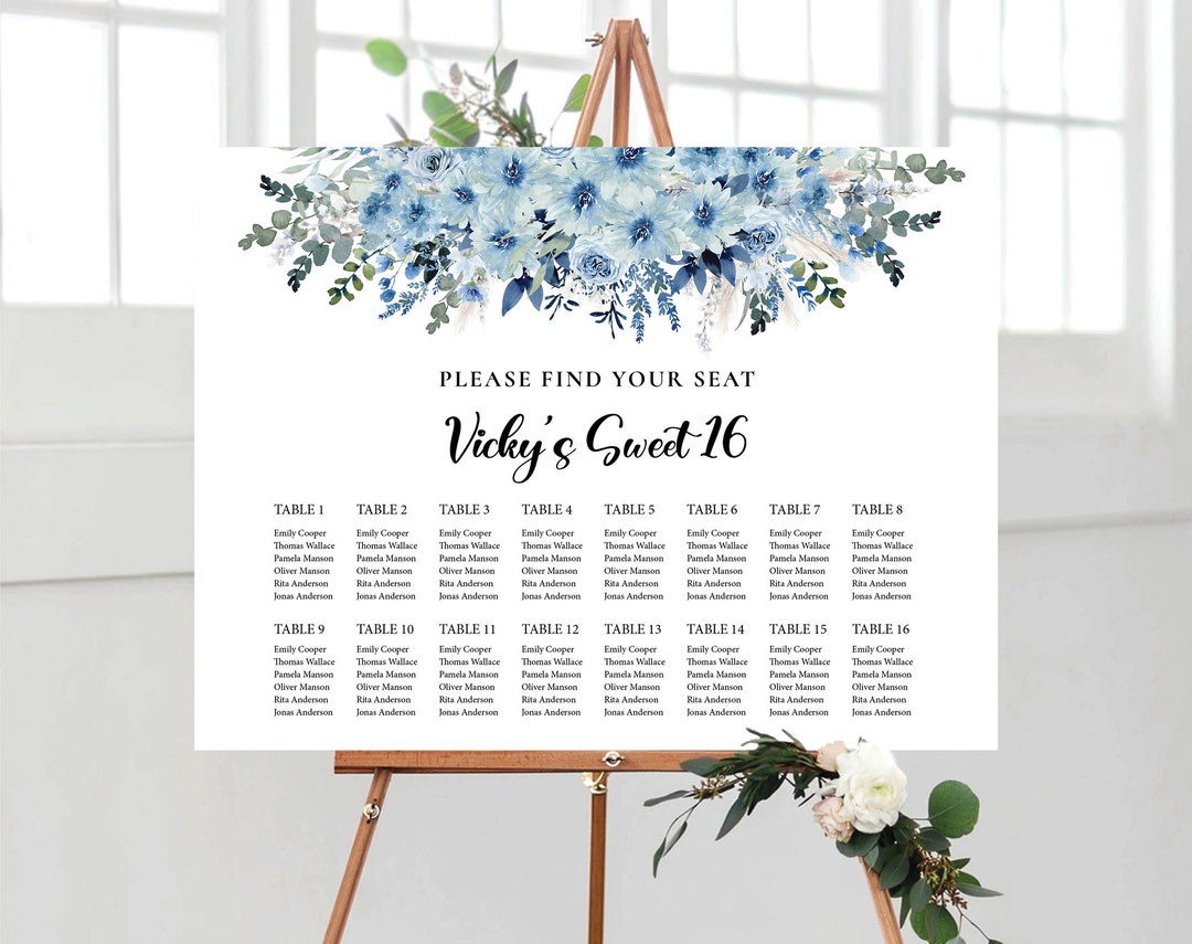 Blue Boho Birthday Seating Chart, Sweet 16th, 18th Birthday, Wedding ...