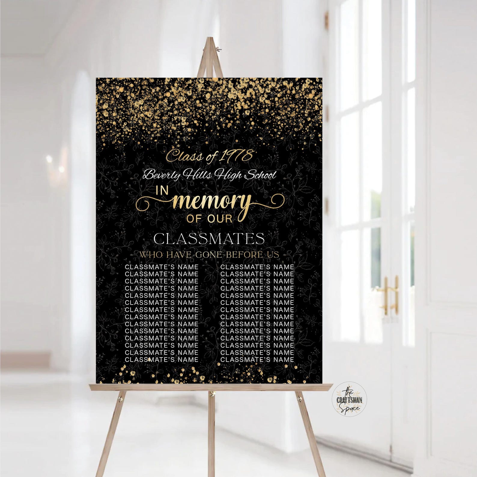Modern Memorial Reunion Sign: in Memory of Classmates, Gold Confetti on ...
