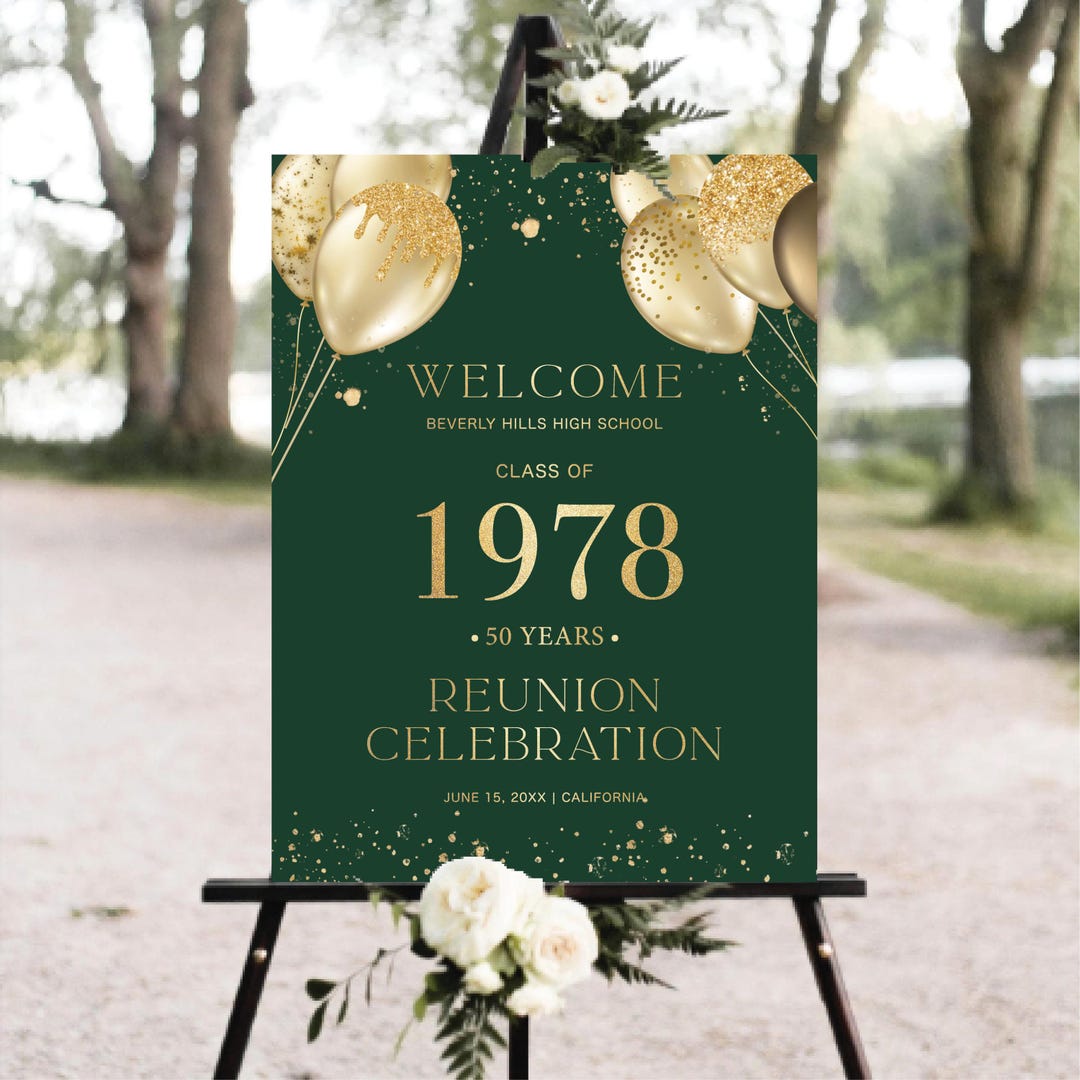 Modern Class Reunion Welcome Sign: Gold Balloons, Confetti, Any Year ...
