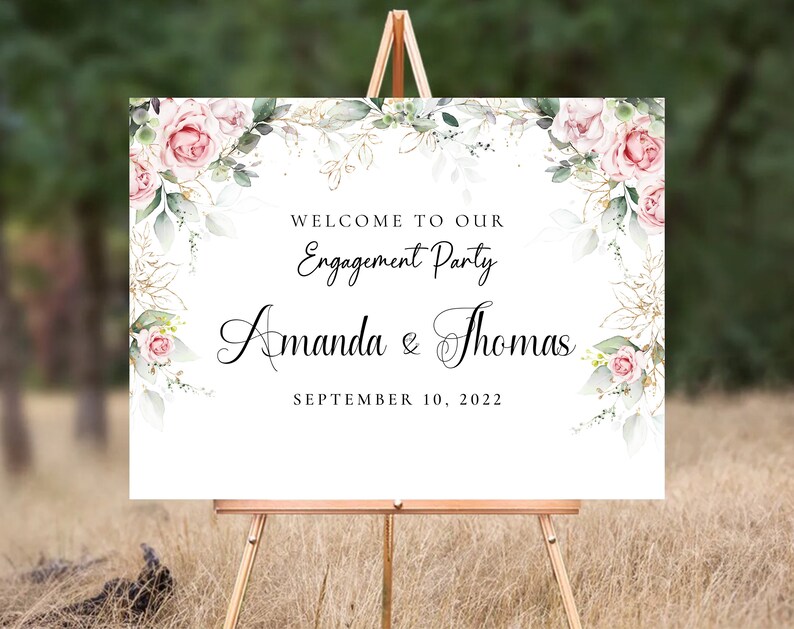 Blush Pink Roses Engagement Party Welcome Sign Greenery - Etsy