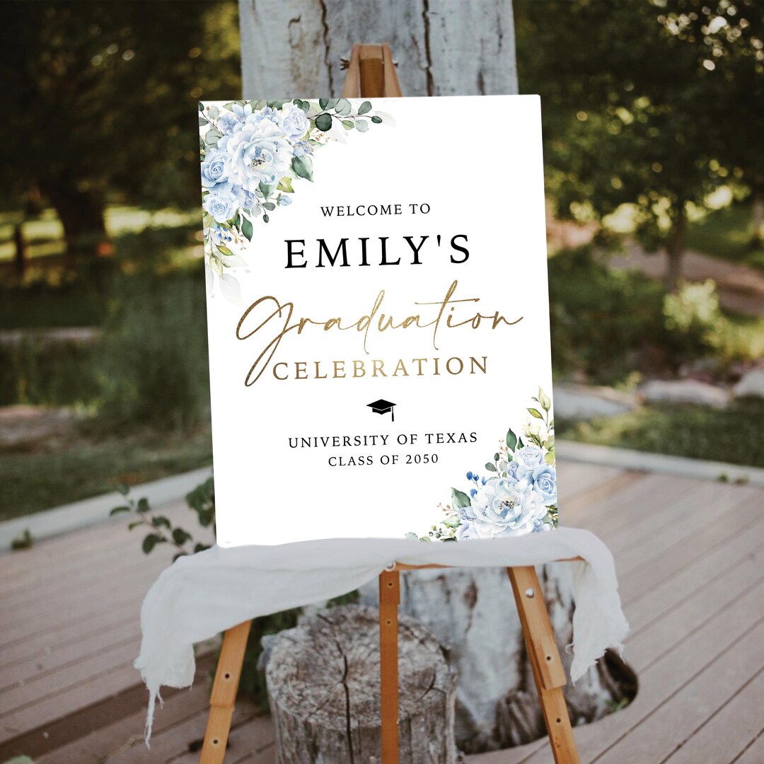 Dusty Blue Florals Graduation With Photo Welcome Sign, Photo Graduation ...