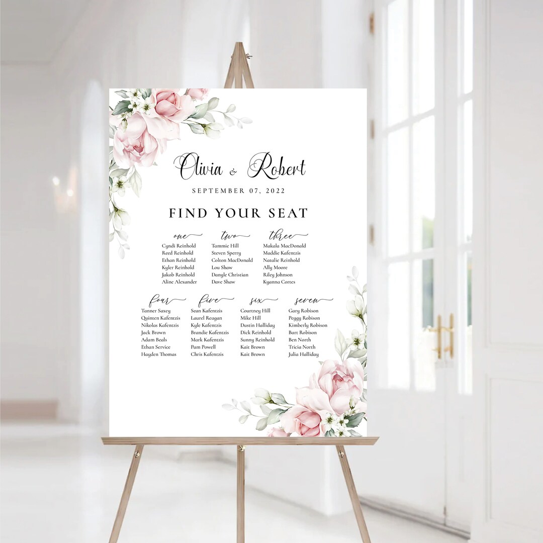 Blush Pink Roses Wedding Seating Chart, Wedding Seating Chart ...