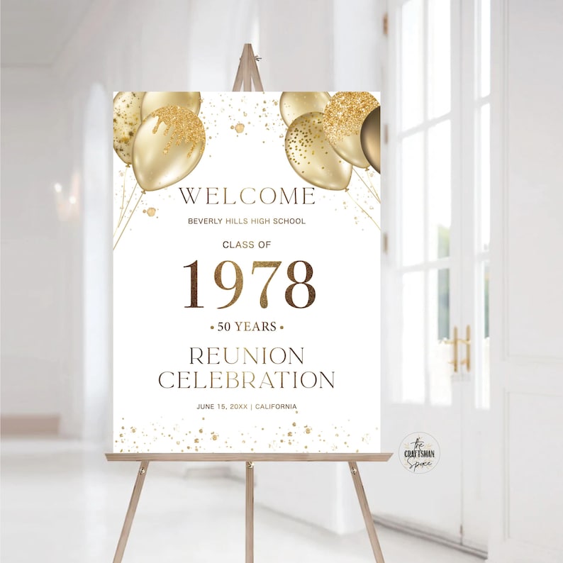 Class Reunion Welcome Sign: Gold Balloons & Confetti, Any Year, Modern ...