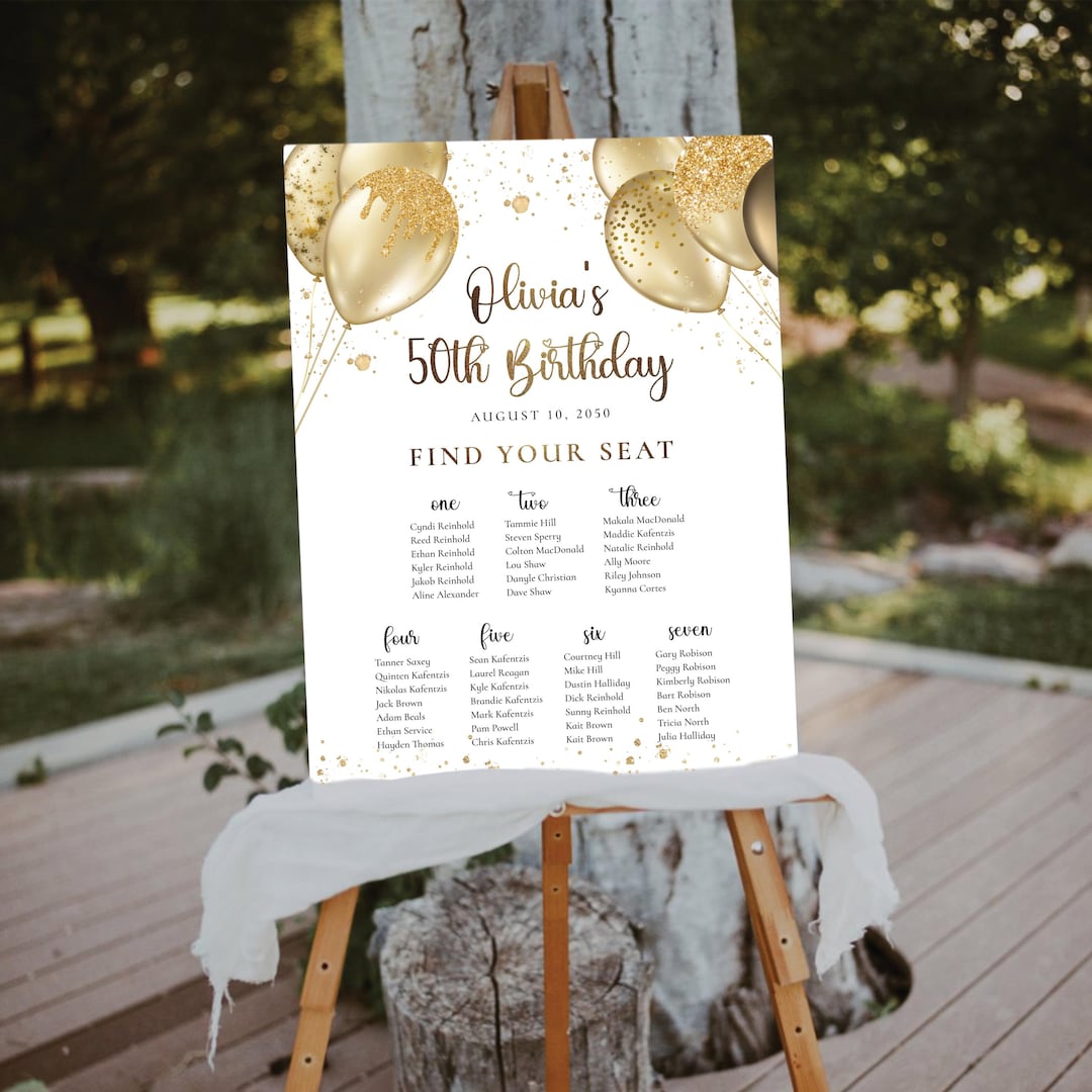 50th Birthday Seating Chart Welcome Sign, Gold Foil Party Seating Sign ...