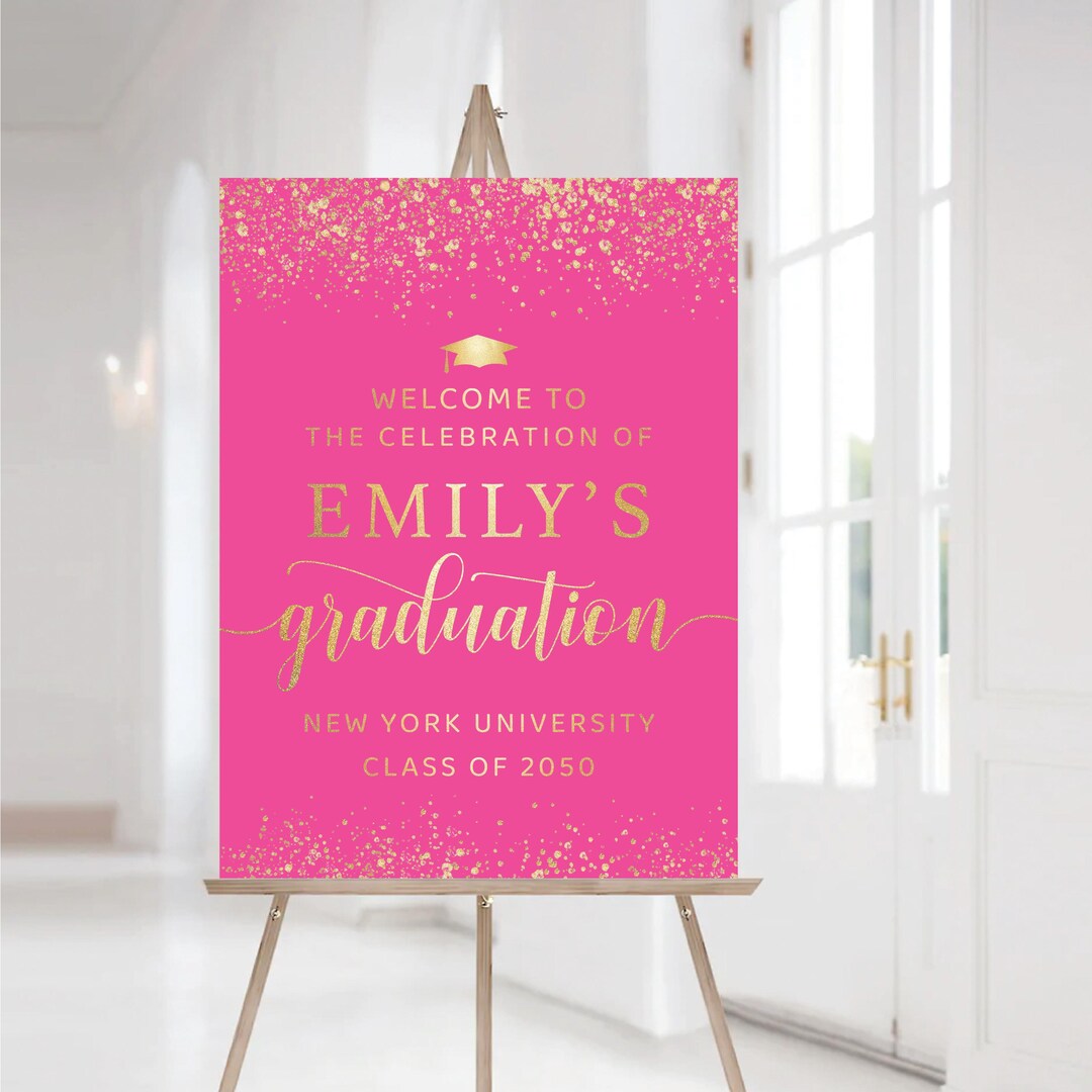Pink Golden Graduation Party Welcome Sign, Gold Glitter Graduation ...