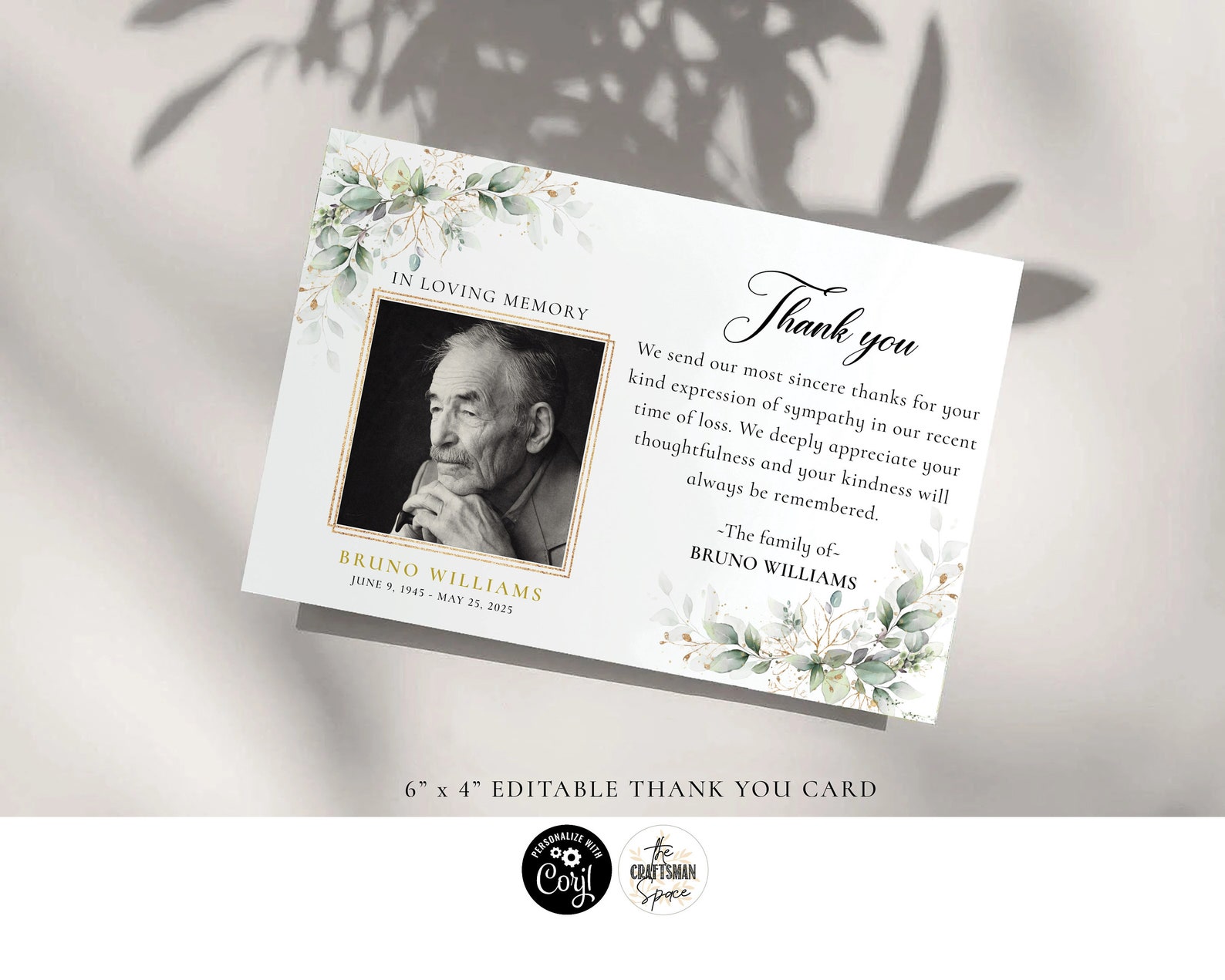 Greenery Funeral Thank You Card Template: Editable Eucalyptus (digital ...