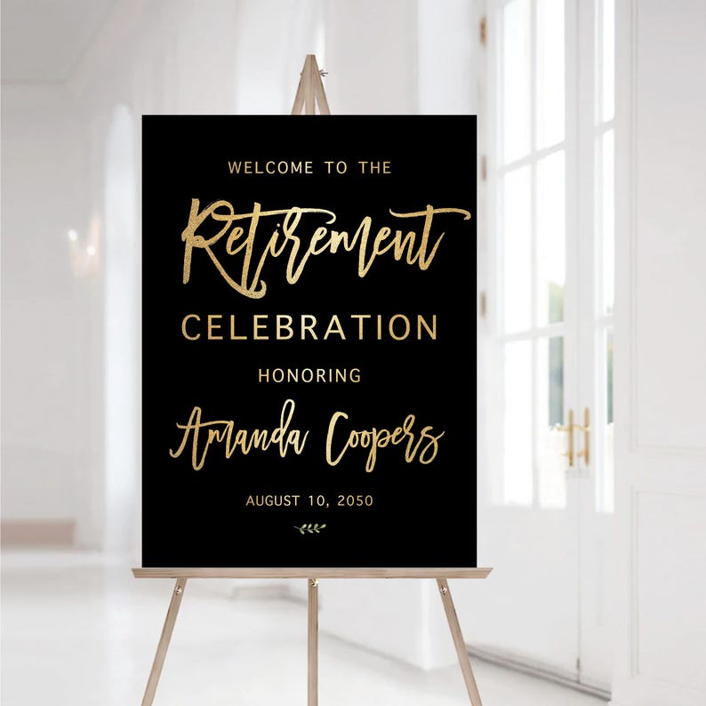 Minimalist Retirement Party Welcome Sign: Black and Gold (digital ...