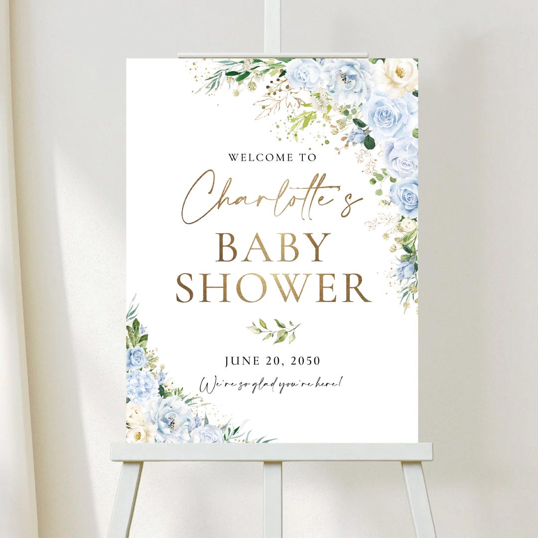 Dusty Blue Baby Shower Welcome Sign, Botanicals Baby Shower Decoration ...