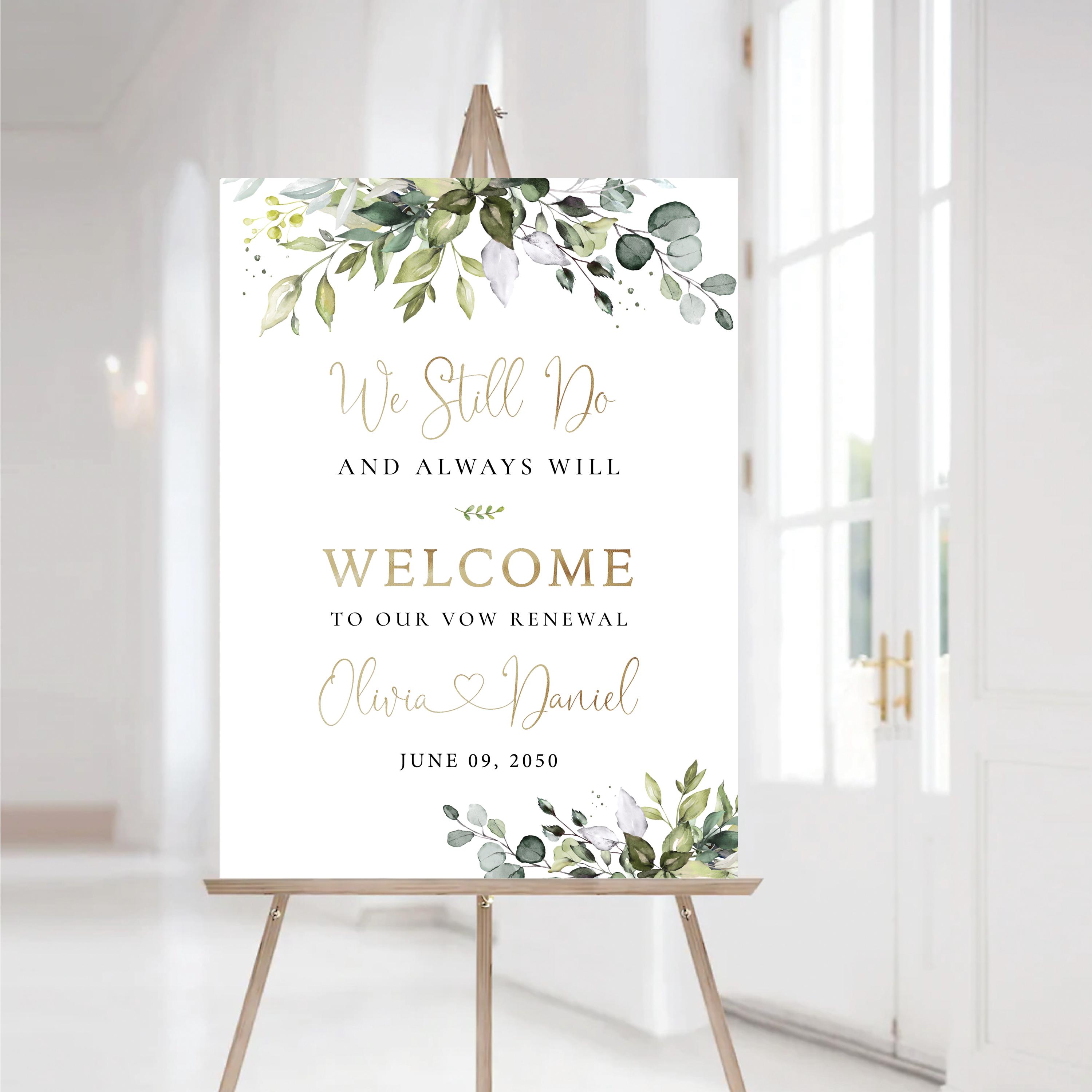 Greenery Vow Renewal Welcome Sign, Botanical Anniversary Wedding Decor ...