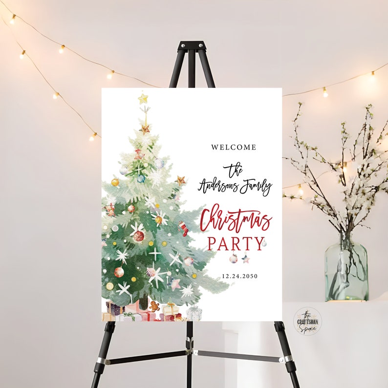 Christmas Party Welcome Sign: Printable Holiday Poster, Winter Trees ...