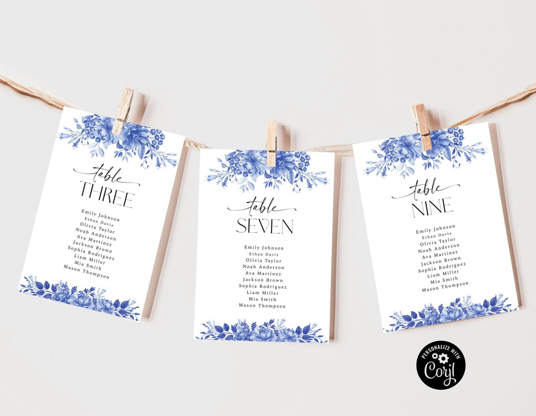 Blue Porcelain Wedding Seating Chart Cards Template, Hanging Seating ...