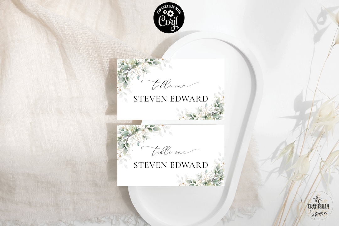 Greenery Table Name Card, Wedding Place Cards, Eucalyptus Watercolor ...