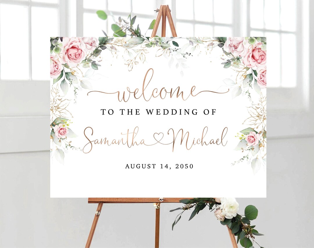 Blush Pink Wedding Welcome Sign, Greenery Wedding Welcome Sign, Digital ...